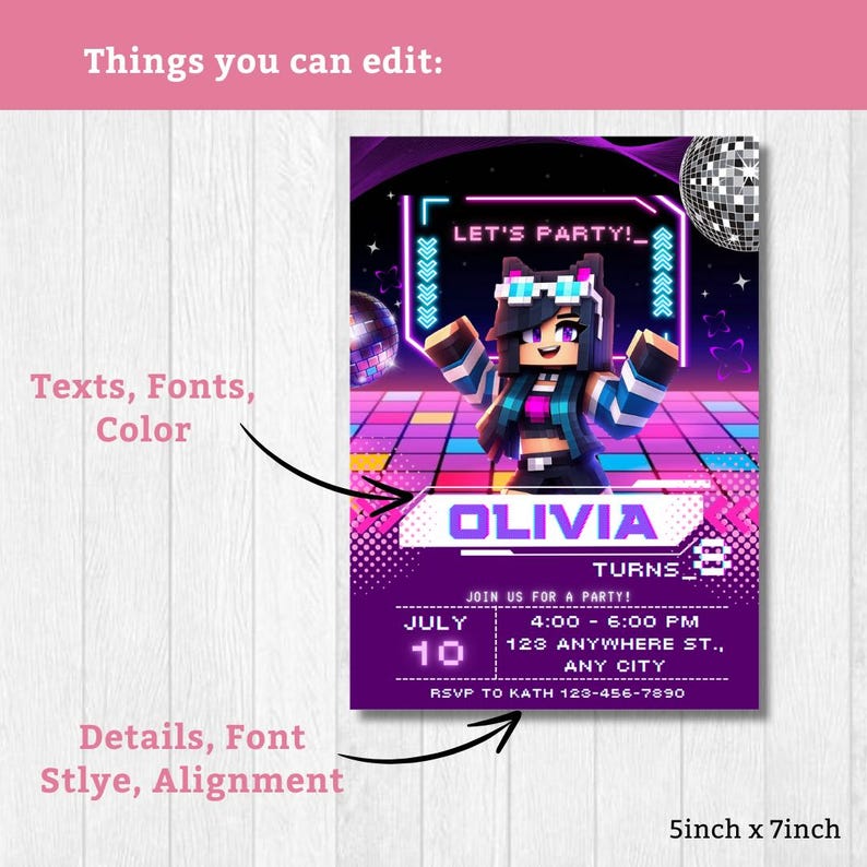 Minecraft Aphmau Birthday Invitation Girls, Editable Template Canva ...