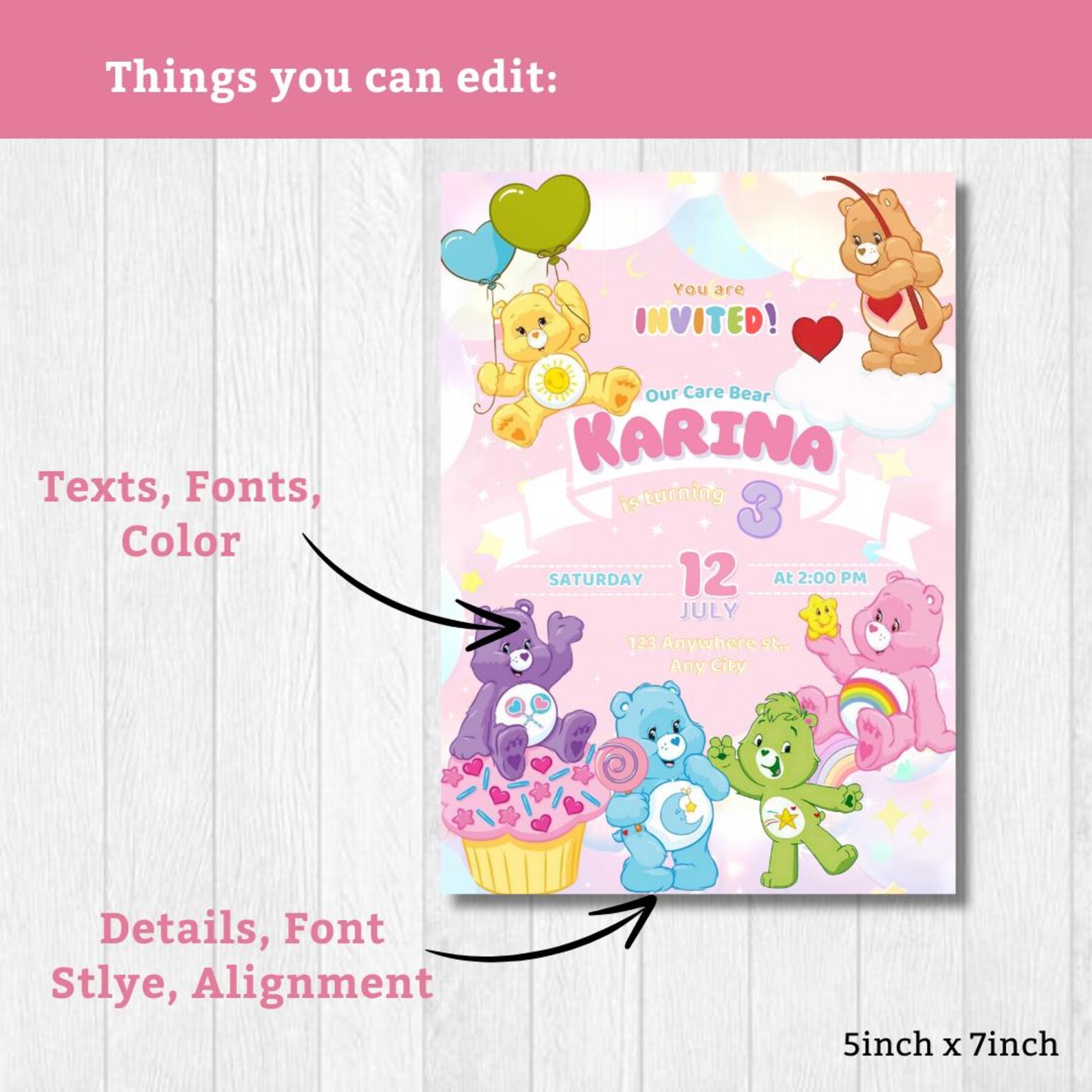 Editable Care Bears Birthday Invitation, Care&bear Birthday Invitation ...