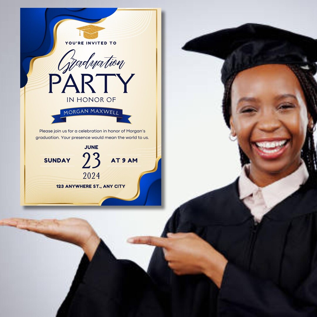 Blue and Gold Luxury Graduation Party Invitation, Printable Editable ...