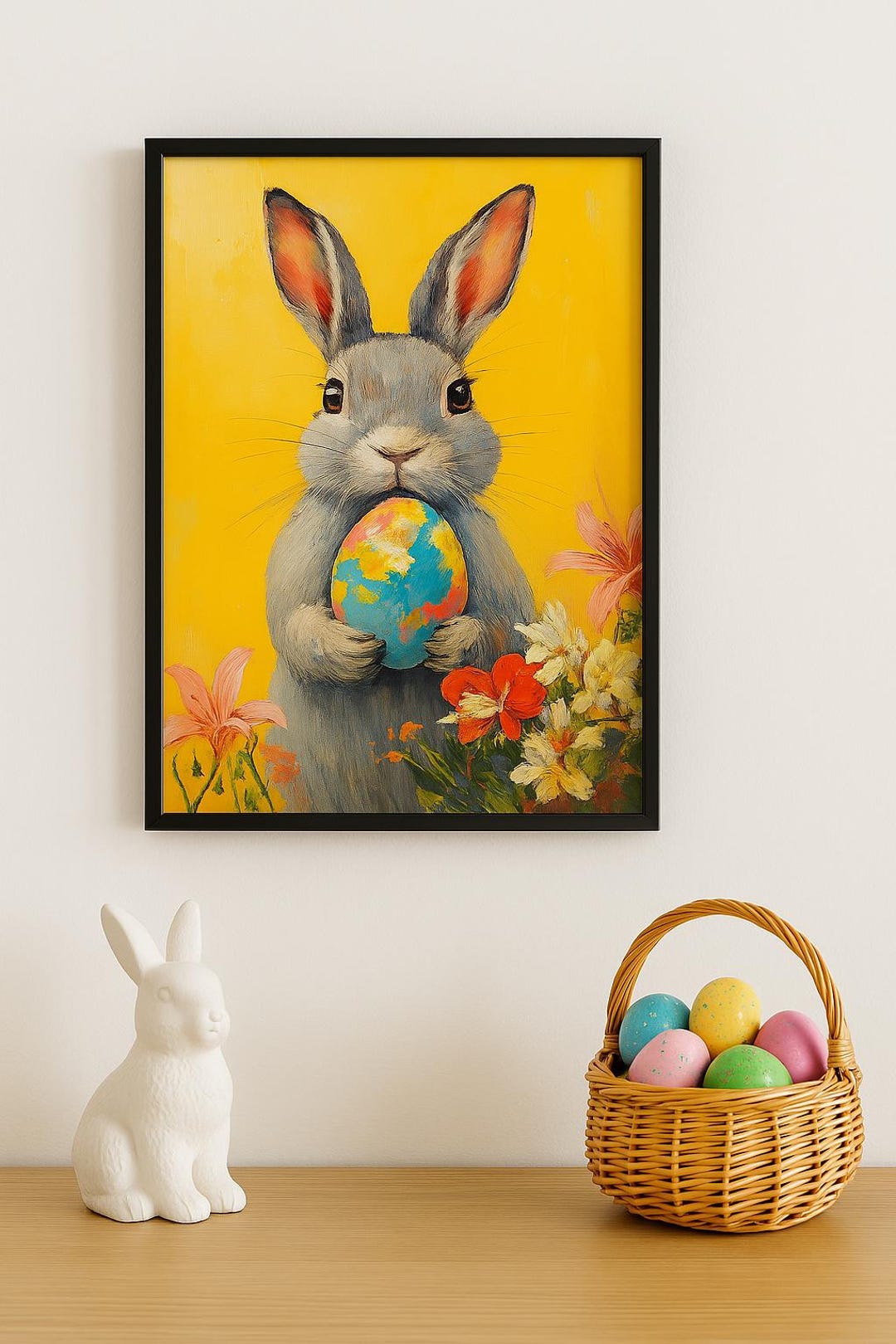 Easter Bunny Oil Painting, Cute Wall Art Decor, Animal Print Instant ...
