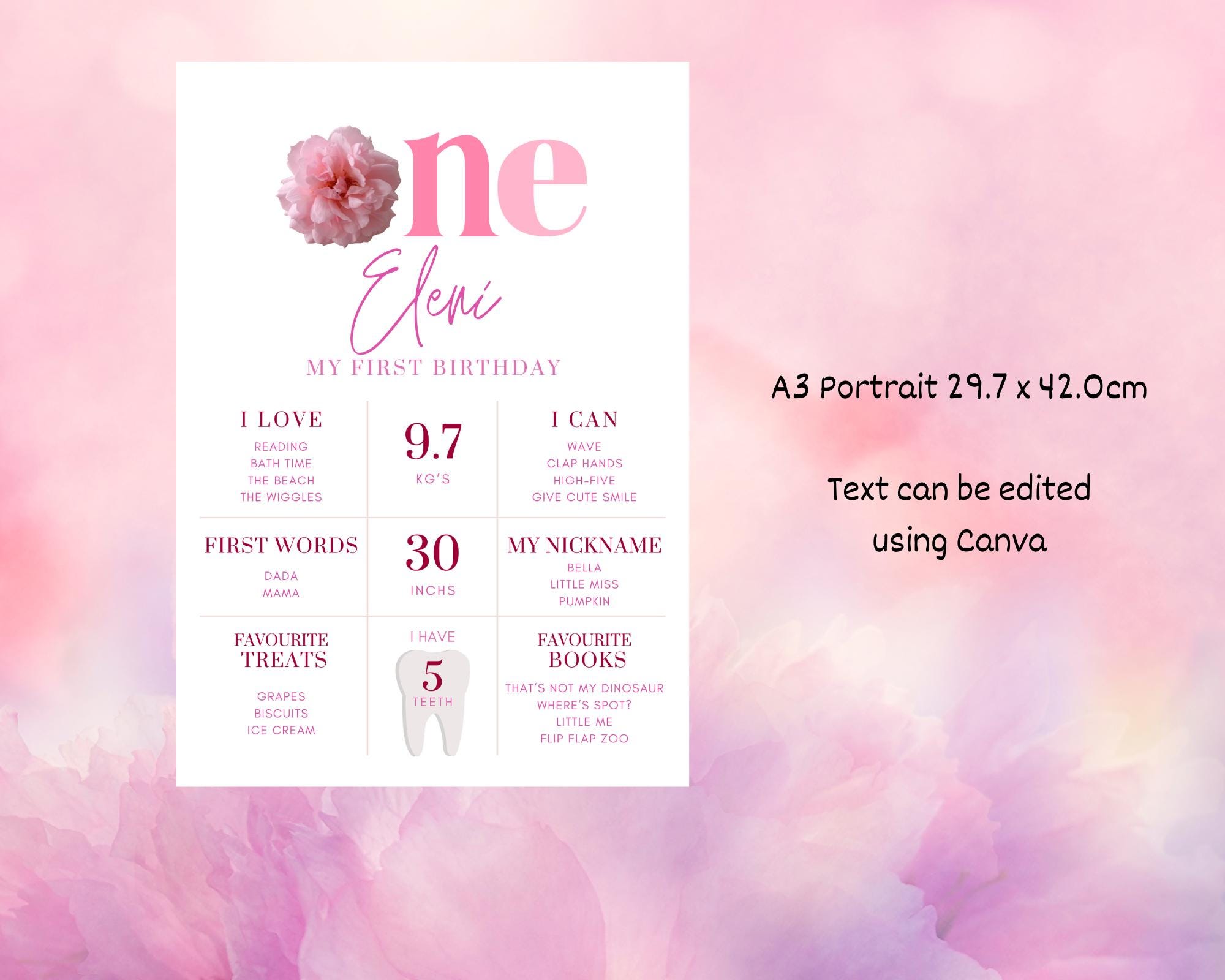 Editable One-year-old Milestone Poster Baby Girl Growth & Achievement ...