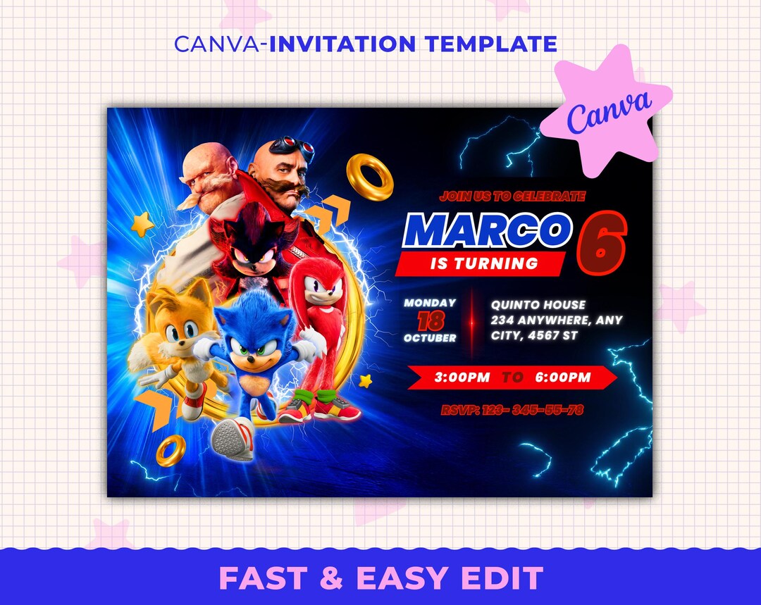 Sonic 3 Birthday Invitation, Sonic 3 Movie Canva, Sonic 3 Birthday ...