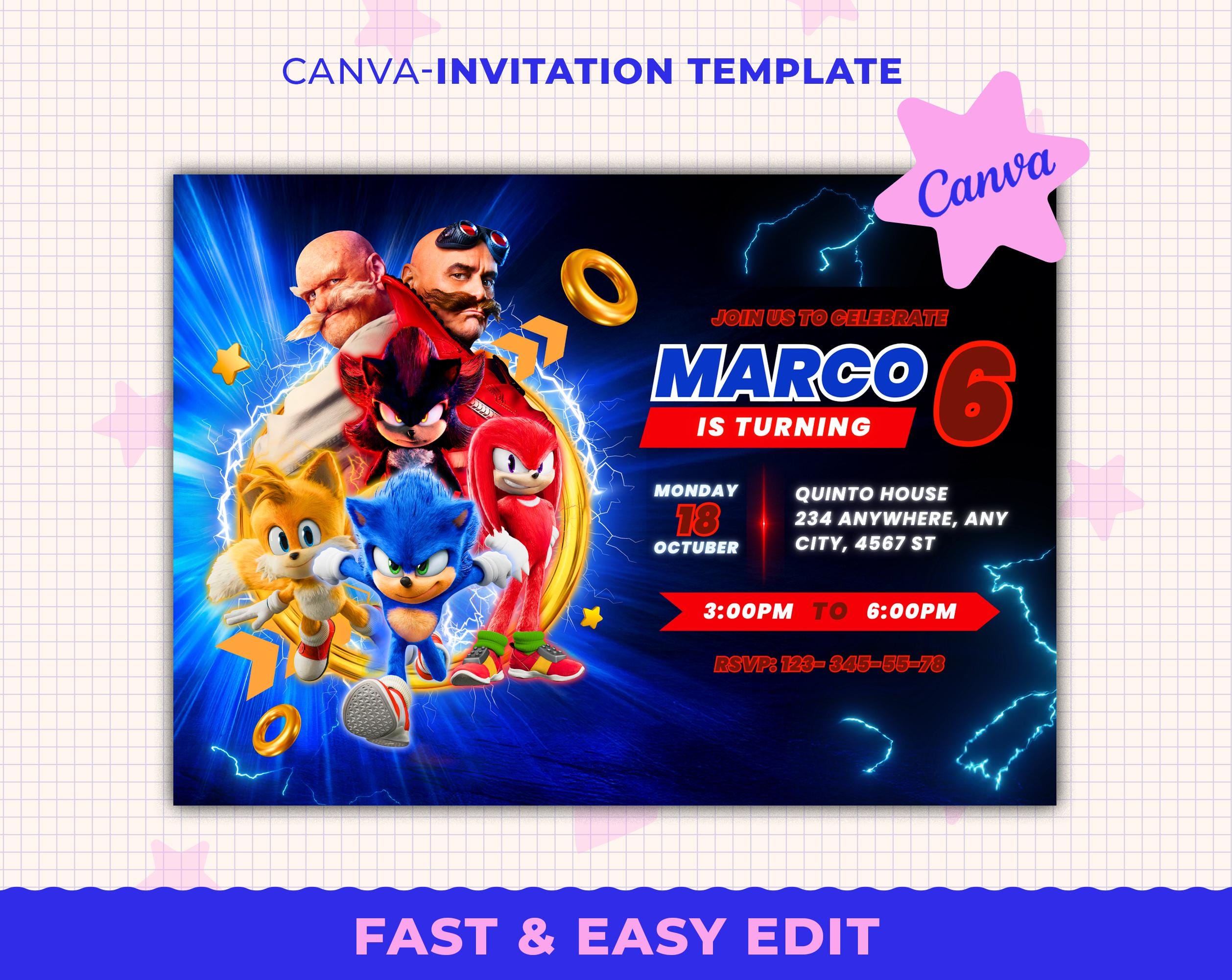 Sonic 3 Birthday Invitation, Sonic 3 Movie Canva, Sonic 3 Birthday ...