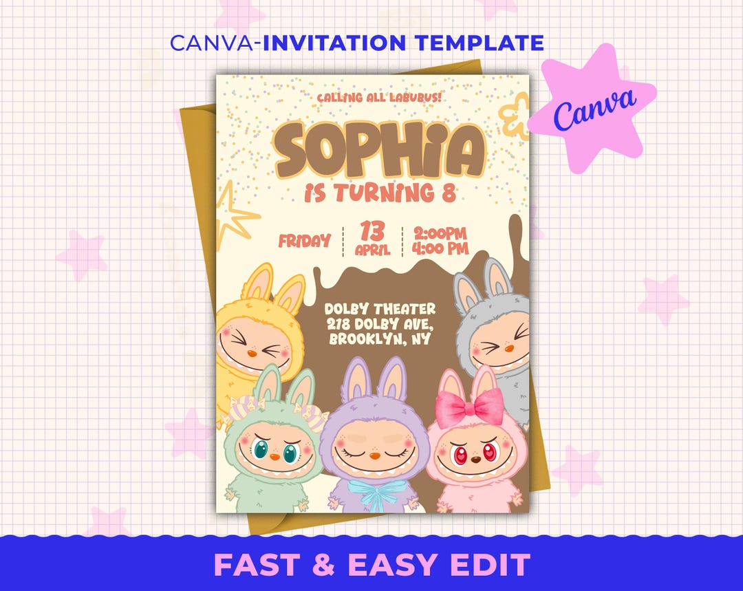 Labubu Invitation Canva, Labubu Birthday Party Invitation, Labubu ...