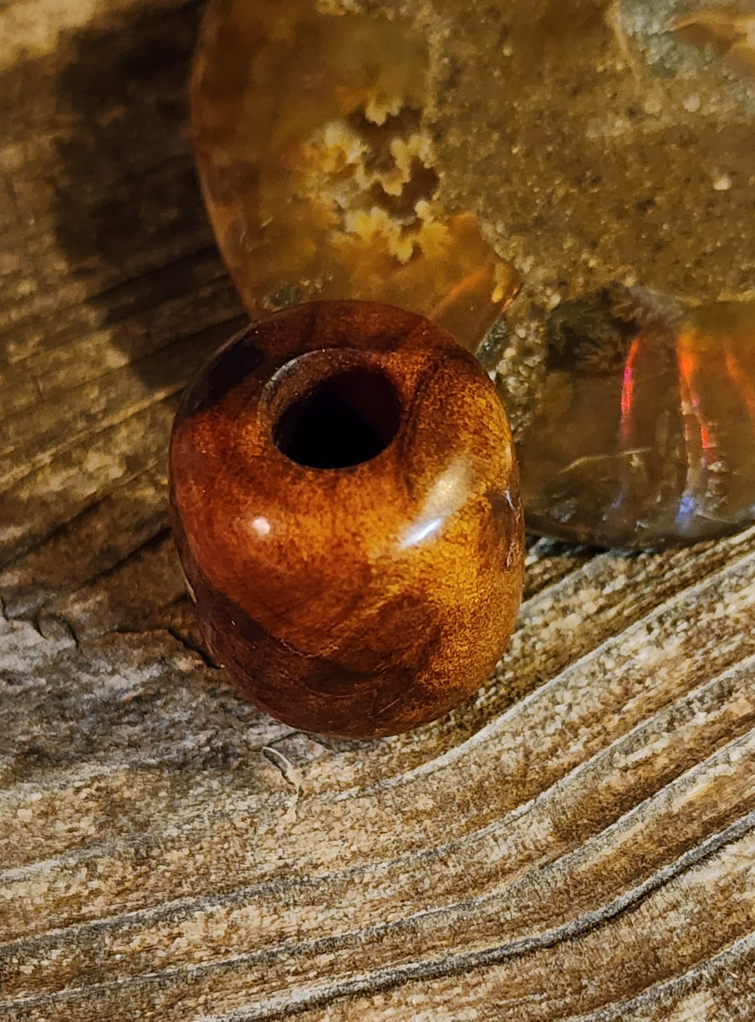 Black Walnut Wood Hand Turned Bead, Lab Opal Inlay, Hand Crafted ...