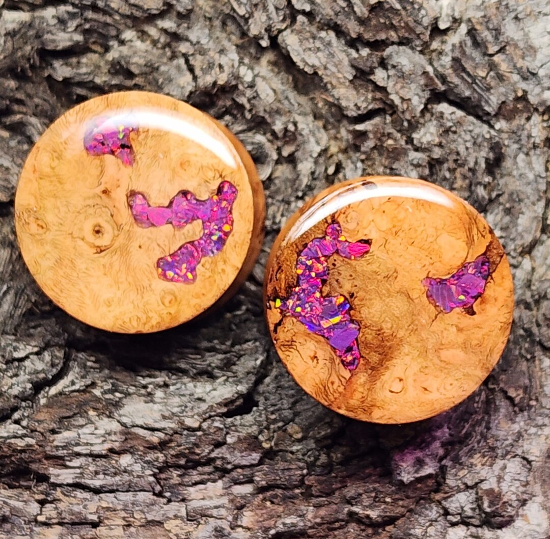 22mm Beautiful Black Cherry Burl Wood Ear Plugs. Orchid Pink Flash Opal ...
