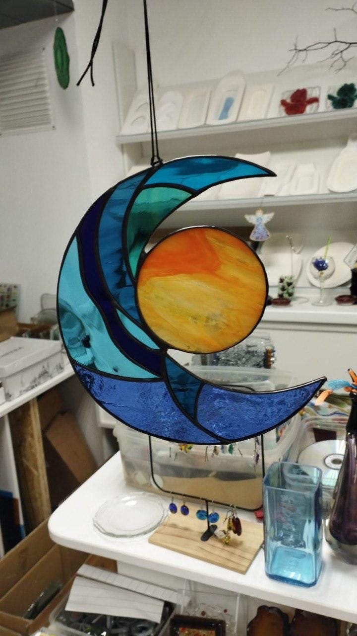 Stained Glass Moon, Full Moon Decor, Lunar Suncatcher, Celestial Art ...