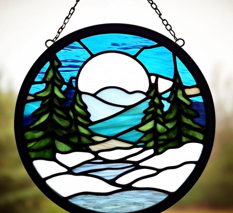 Stained Glass Winter Landscape Suncatcher: Handcrafted Snowy Scene - Etsy