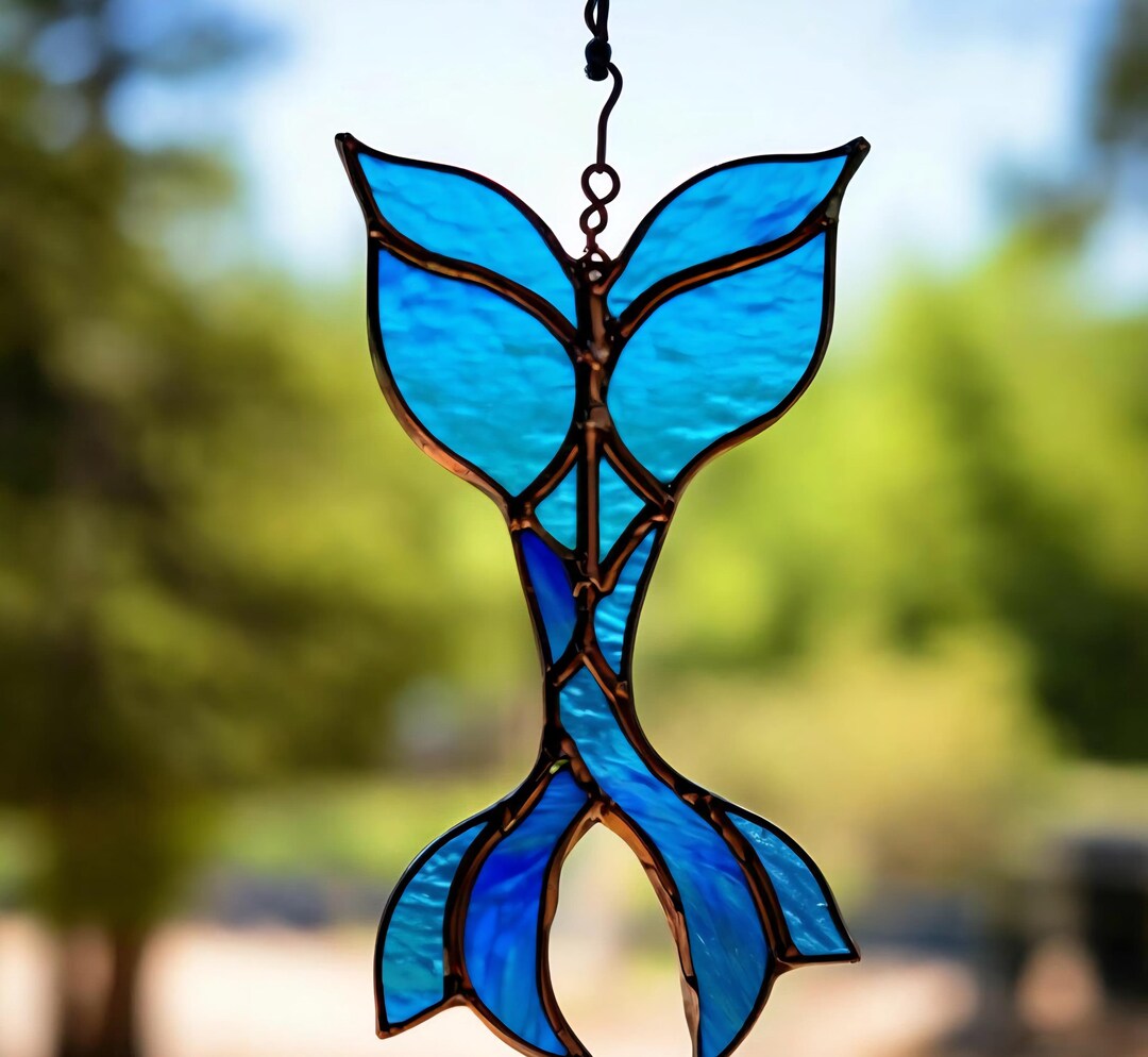 Handmade Stained Glass Mermaid Tail Suncatcher: Iridescent Ocean Decor ...