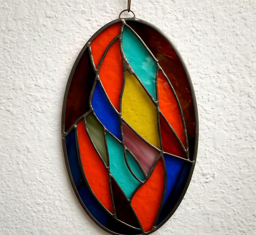 Stained Glass Oval Suncatcher: Abstract Geometric Window Art - Etsy
