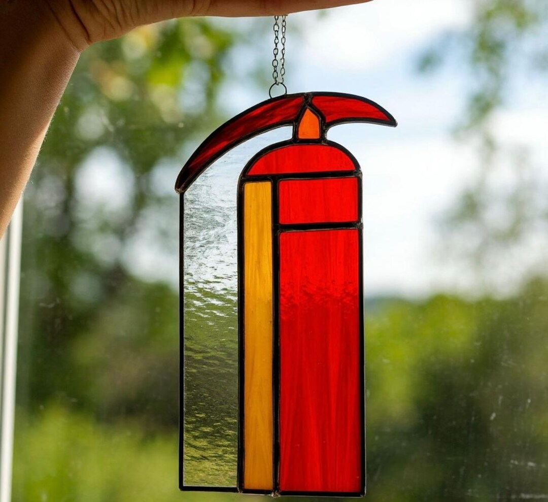 Stained Glass Fire Extinguisher Suncatcher – Unique Red Glass Window ...
