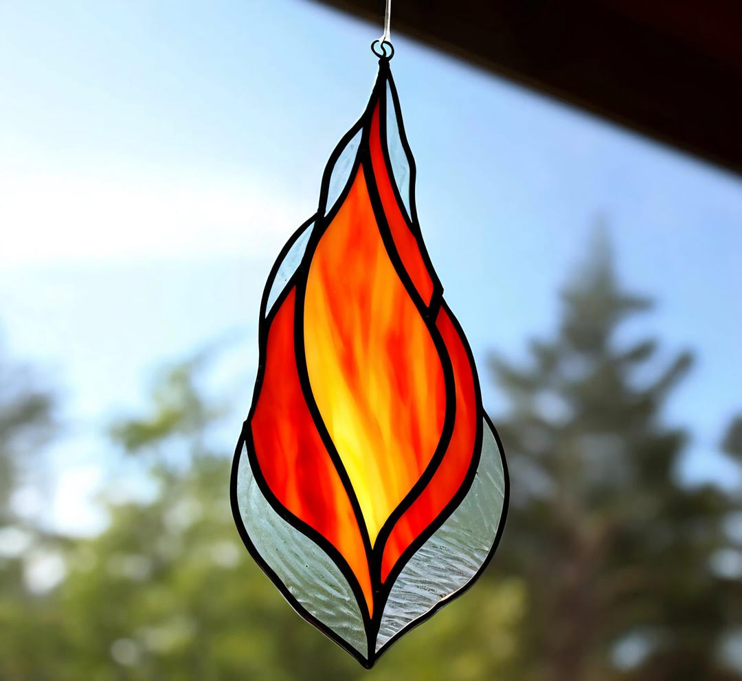 Handmade Stained Glass Fire Suncatcher: Vibrant Flame Window Hanging - Etsy