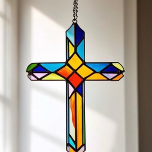 Handmade Graceful Stained Glass Cross With Radiant Colors and Intricate ...
