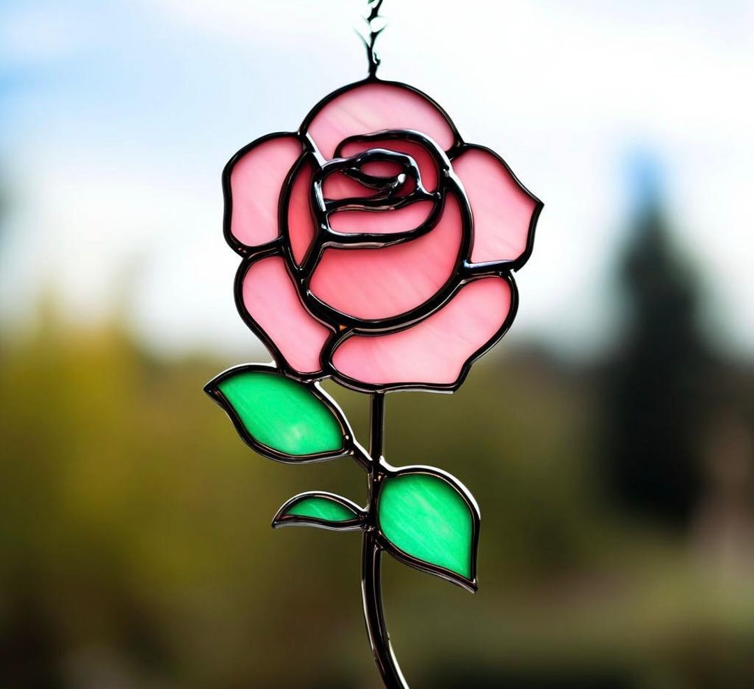 Stained Glass Pink Rose Suncatcher: Handmade Floral Window Hanging - Etsy