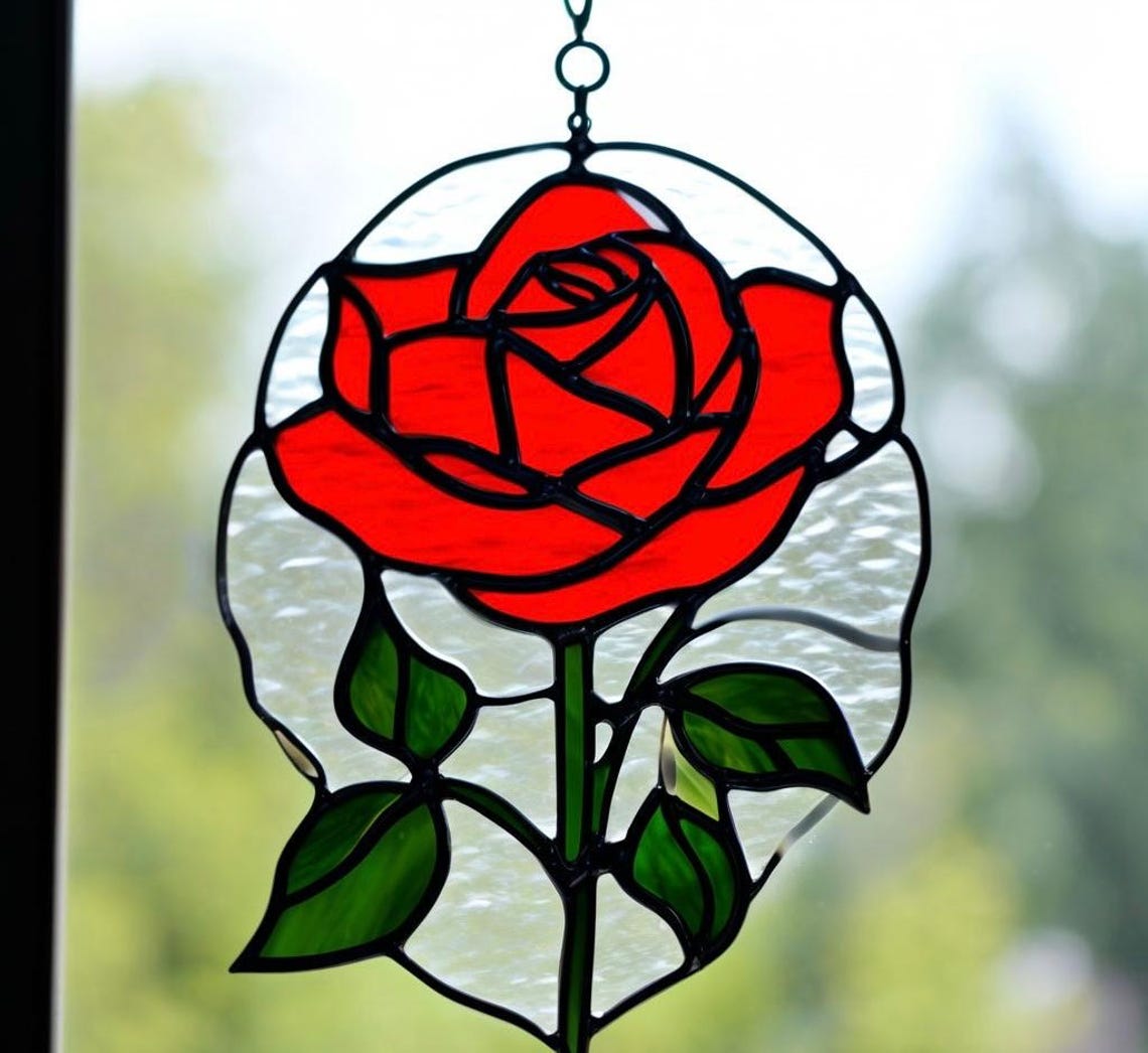 Stained Glass Rose Sun Catcher Garden Handcrafted Floral Window Decor ...