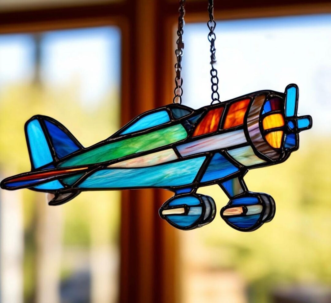 Stained Glass Airplane Suncatcher: Handmade Aviation Decor - Etsy
