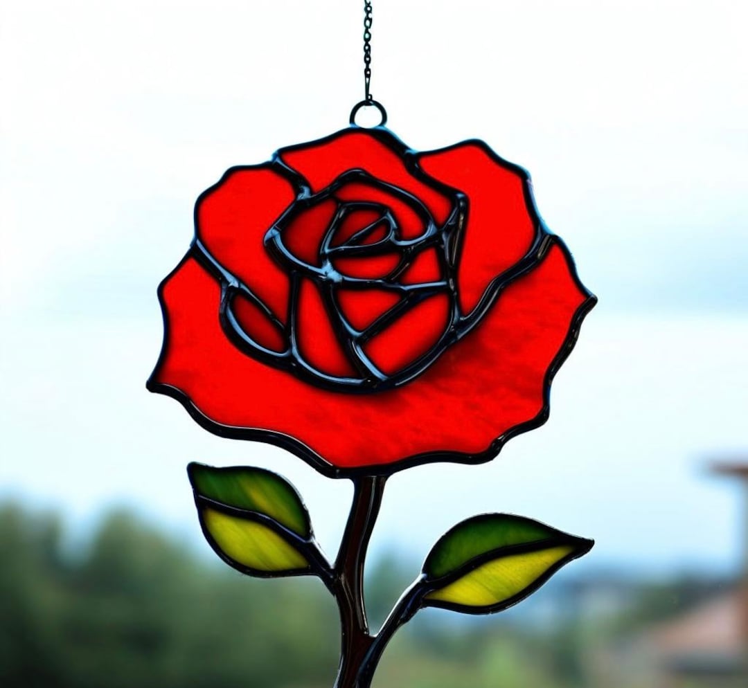 Stained Glass Red Rose Suncatcher: Handmade Floral Window Hanging - Etsy