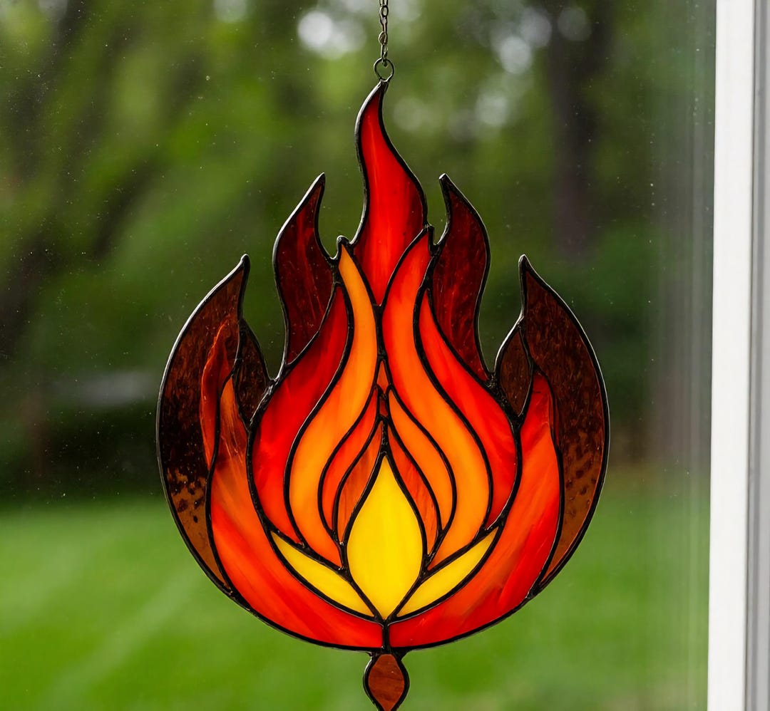 Stained Glass Fire Flame Suncatcher – Handmade Flame Window Hanging ...