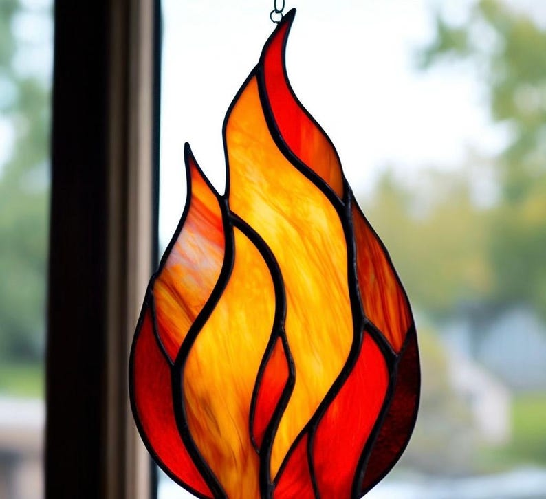 Handmade Stained Glass Fire Colorful Flame Suncatcher Vibrant Home ...