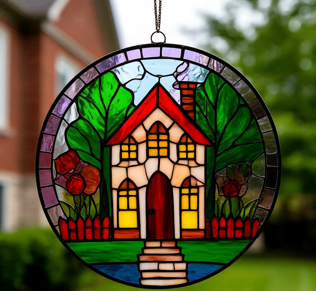 Stained Glass Cottage Suncatcher: Handmade Window Art, Unique Home ...