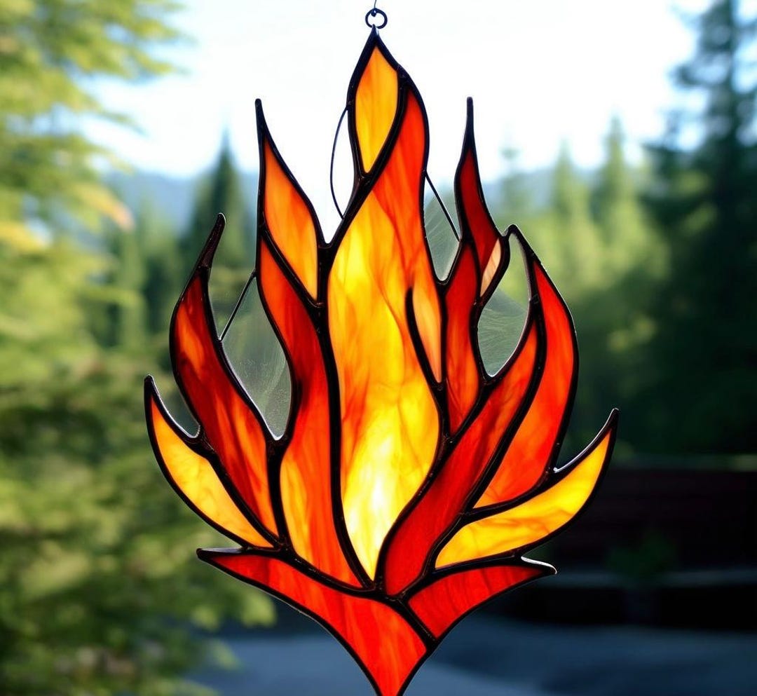 Handmade Stained Glass Fire Suncatcher: Vibrant Flame Window Hanging - Etsy