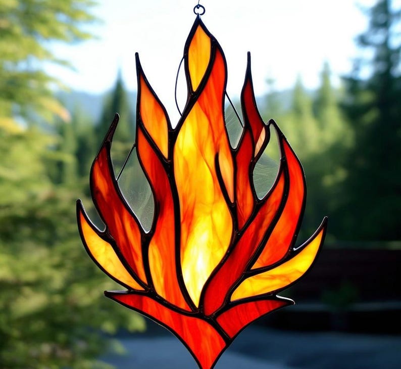 Handmade Stained Glass Fire Colorful Flame Suncatcher Vibrant Home ...
