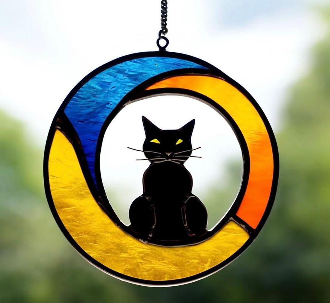 Stained Glass Cat on Moon Handcrafted Suncatcher, Whimsical Window ...