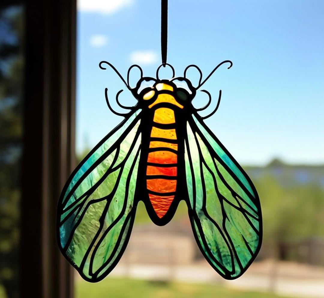 Wings Suncatcher Blue Insect Stained Glass Cicada Lover Gift - Handmade ...