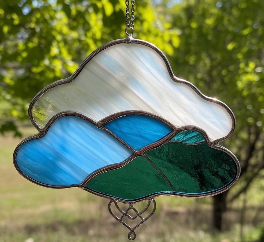 Stained Glass Cloud Suncatcher: Handmade Window Decor, Soft Blue ...