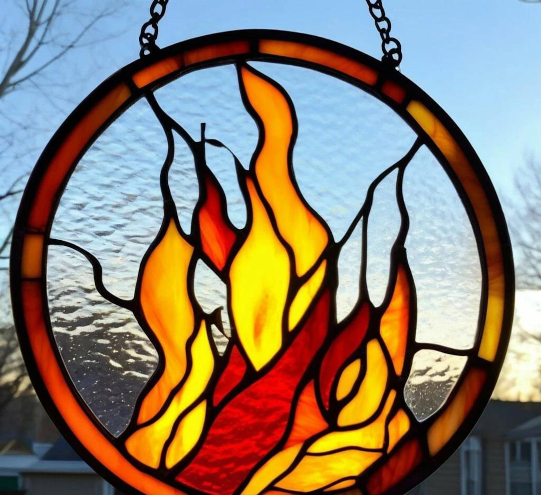 Handmade Stained Glass Fire Colorful Flame Suncatcher Vibrant Home ...
