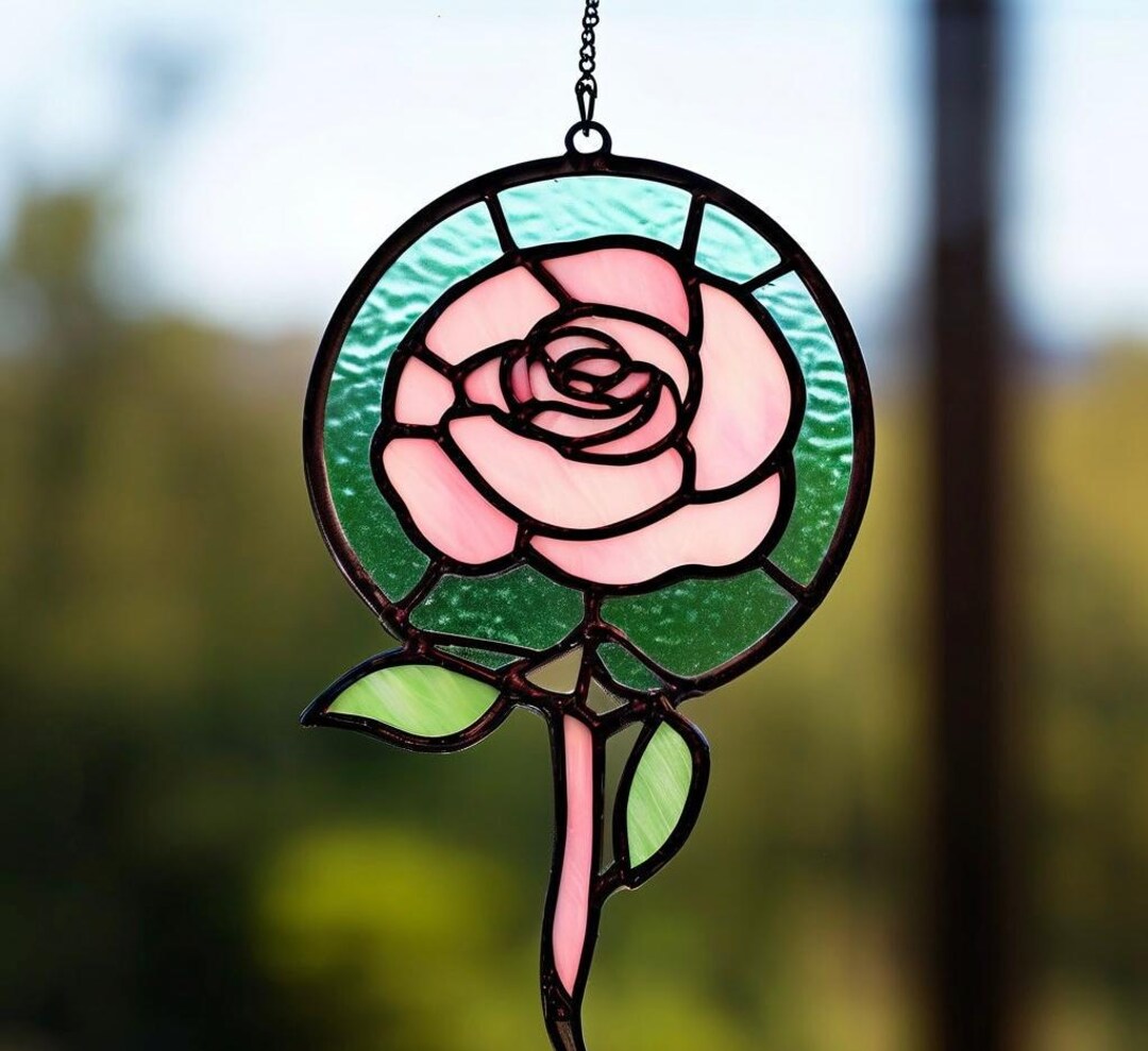 Stained Glass Pink Rose Suncatcher: Handcrafted Floral Window Decor - Etsy