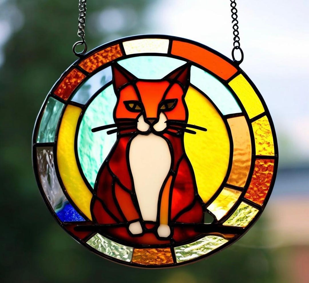 Stained Glass Cat on Moon Handcrafted Suncatcher, Whimsical Window ...