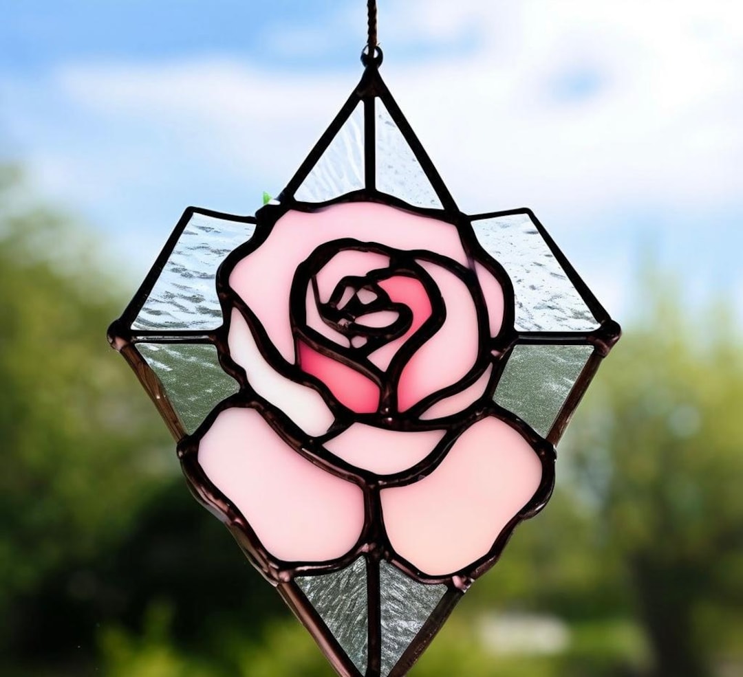 Stained Glass Pink Rose Suncatcher: Handmade Floral Window Hanging - Etsy