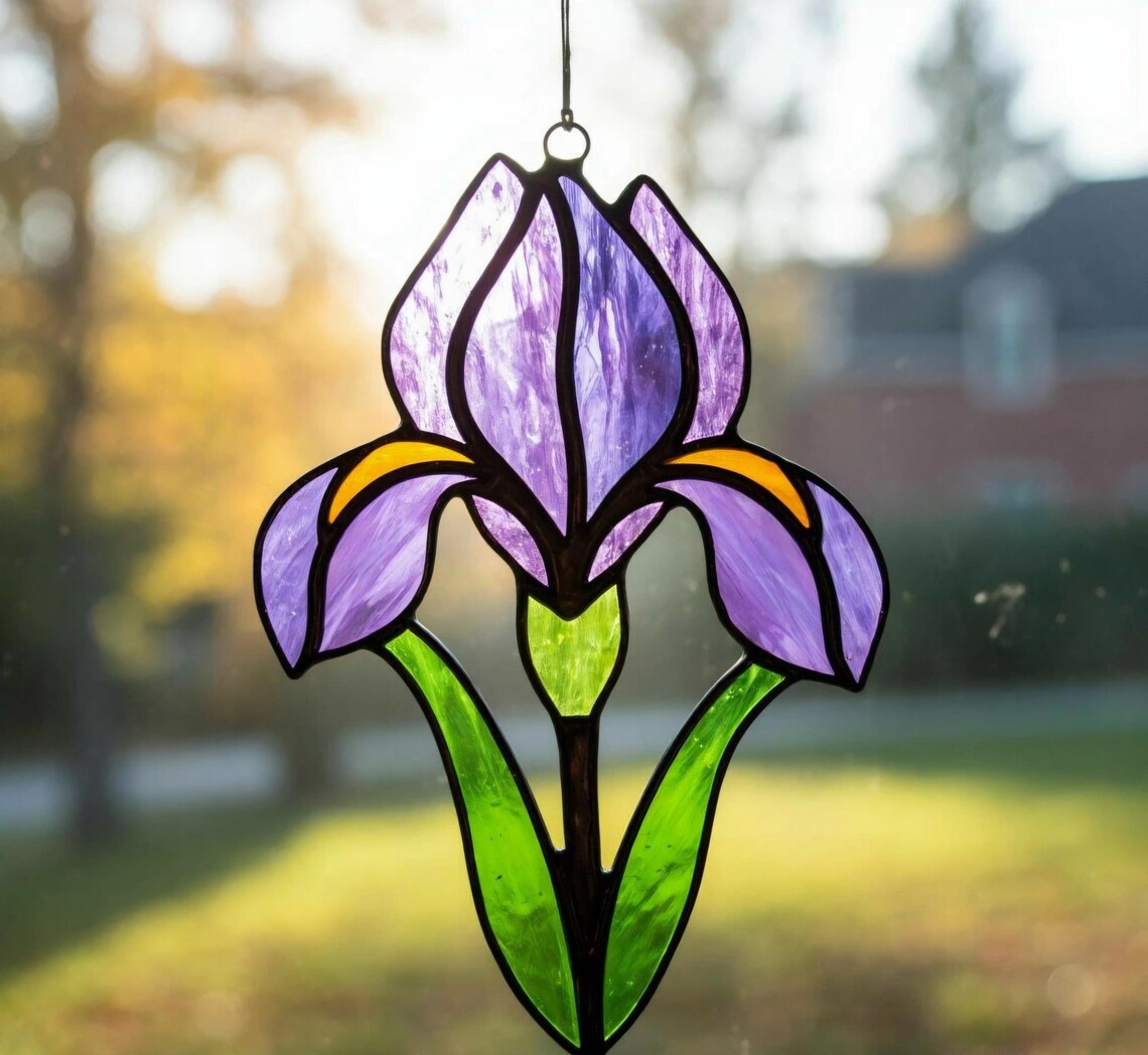 Stained Glass Iris Suncatcher: Handcrafted Floral Window Hanging - Etsy