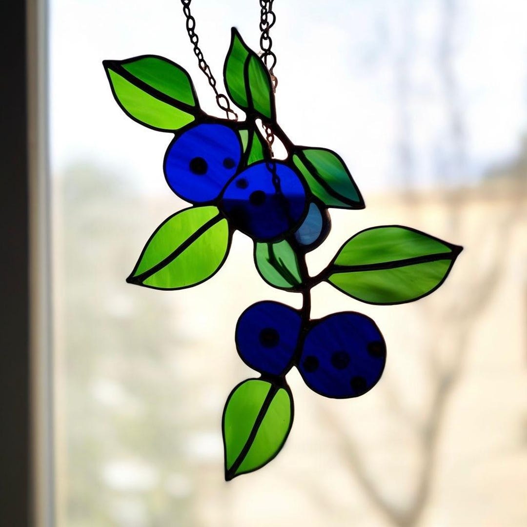 Stained Glass Blueberry Suncatcher: Handmade Berry Branch Window Art - Etsy
