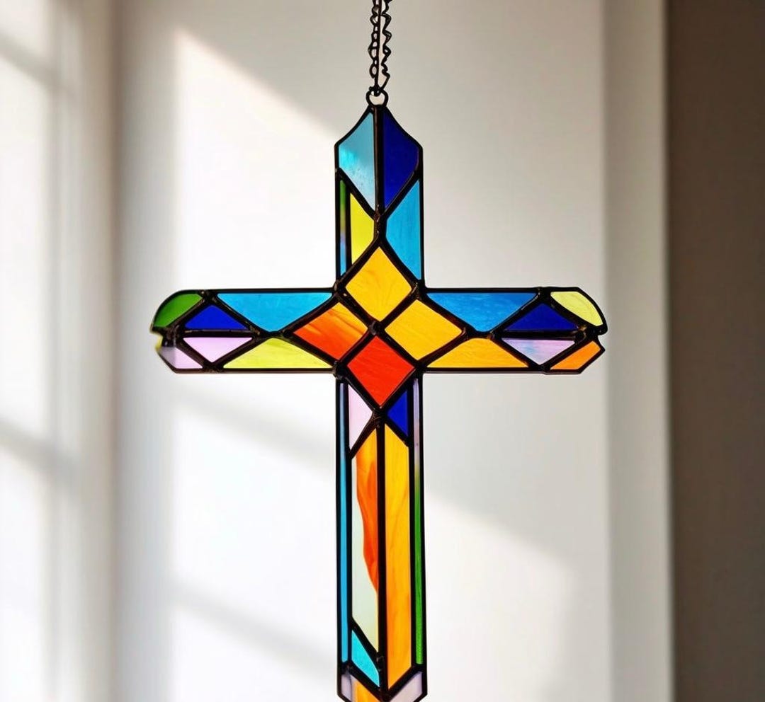 Handmade Graceful Stained Glass Cross With Radiant Colors and Intricate ...