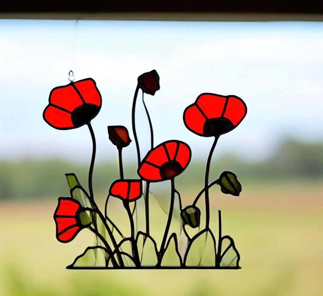 Wall Hanging Suncatcher Stained Glass Red Poppy Suncatcher Handcrafted ...
