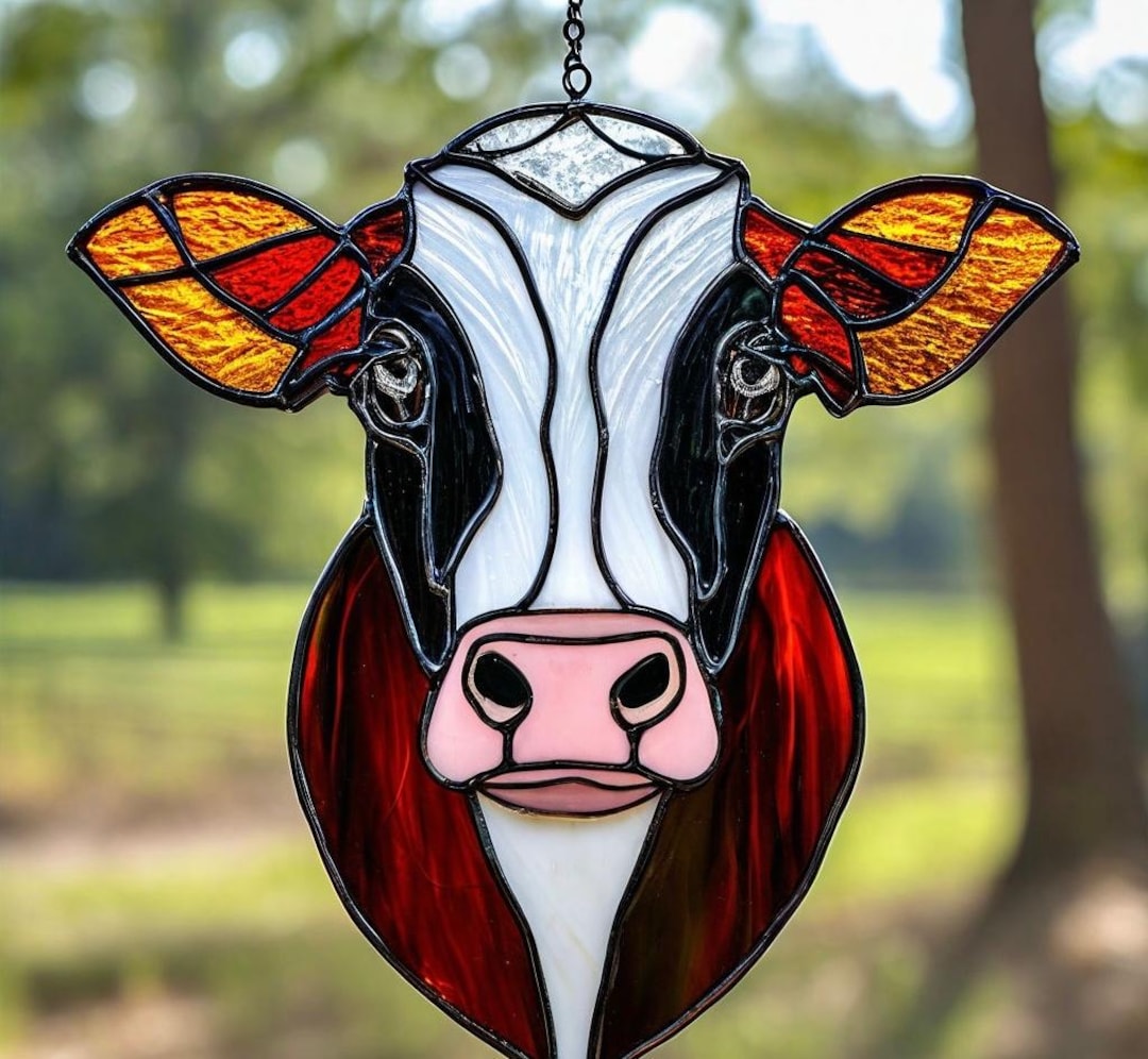 Stained Glass Cow Art Window Hanging Decor Handmade Ornament Country ...