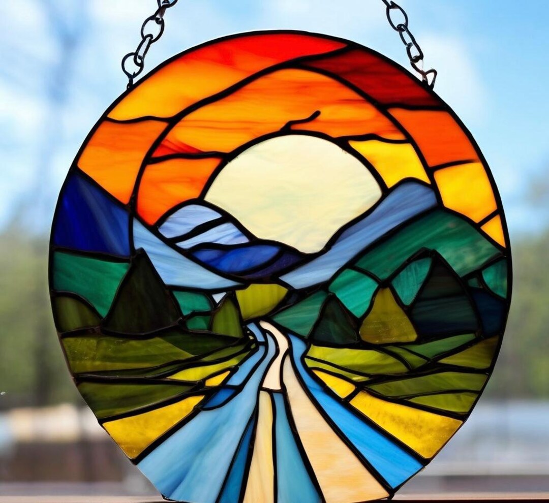 Handmade Stained Glass Suncatcher: Mountain Road Landscape Window Decor ...
