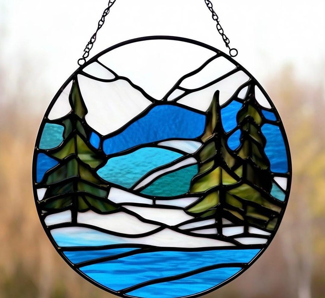 Handcrafted Stained Glass Winter Landscape Suncatcher: Snowy Scene ...