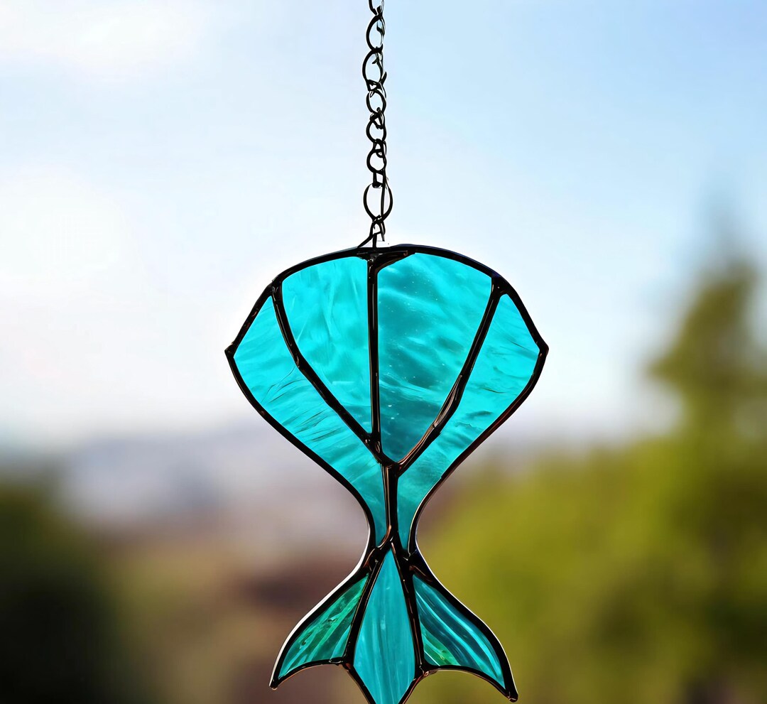Handmade Stained Glass Mermaid Tail Suncatcher: Iridescent Ocean Decor ...