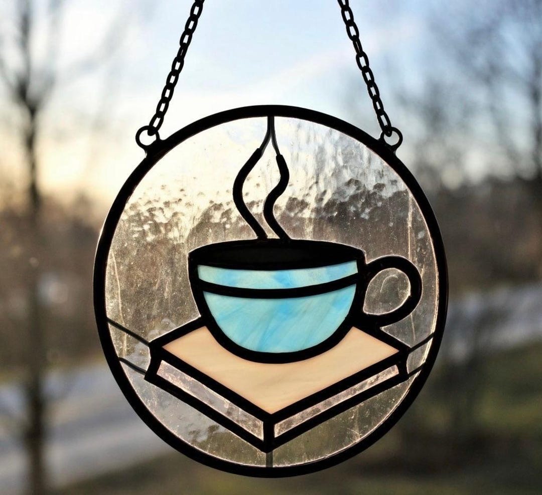 Handmade Stained Glass Book and Tea Cup Suncatcher: Kitchen Cafe Decor ...