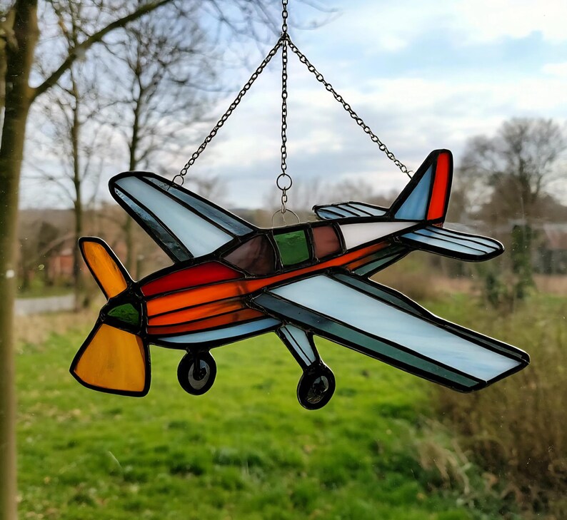 Stained Glass Airplane Suncatcher: Handmade Aviation Gift, Pilot Decor ...