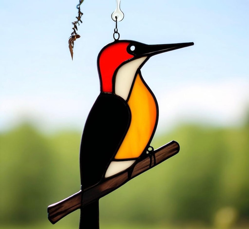 Woodpecker Window Art Handmade Glass Bird Rustic Wildlife Decor Nature ...