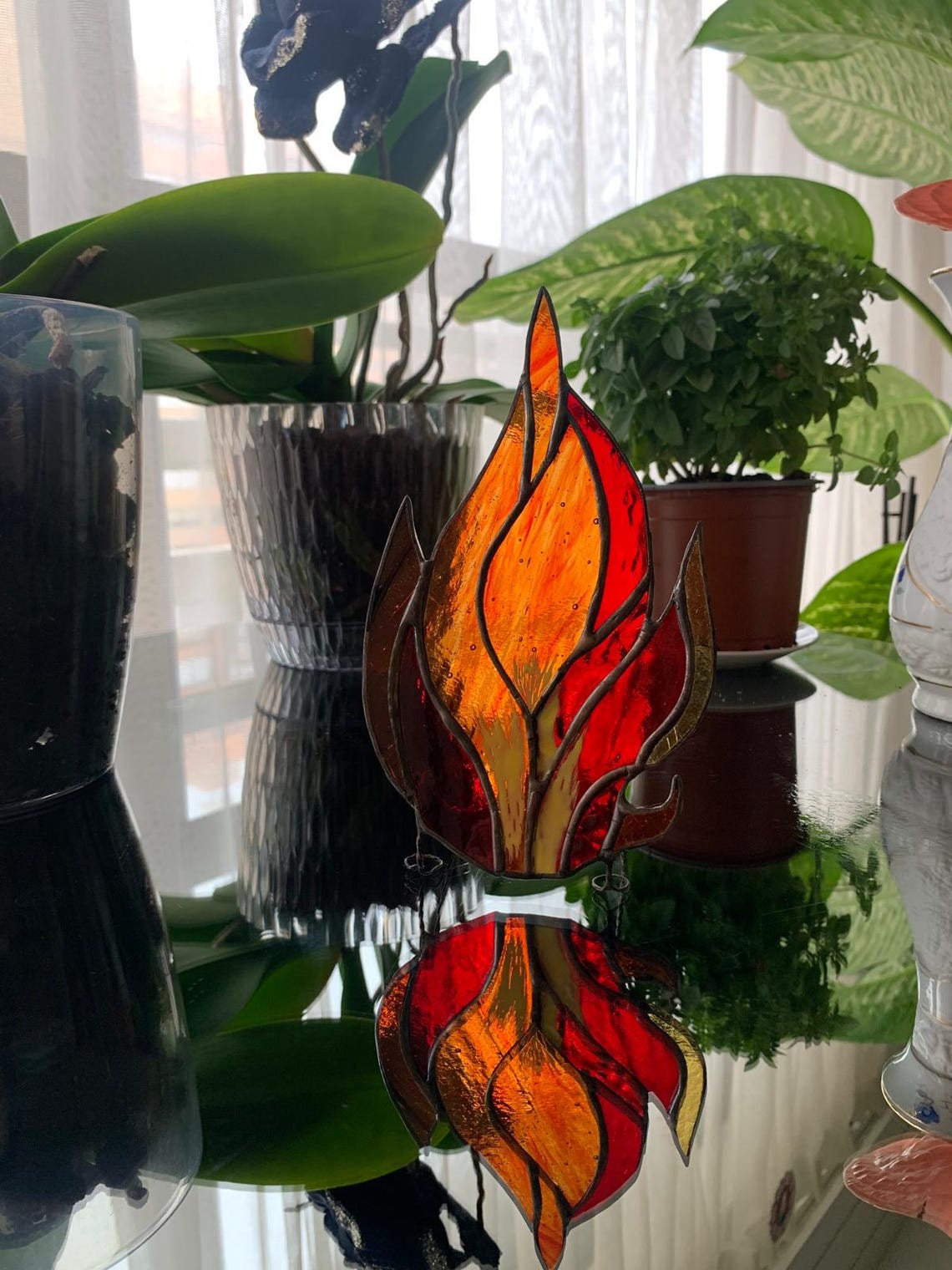 Handmade Stained Glass Fire Suncatcher: Vibrant Flame Window Hanging - Etsy