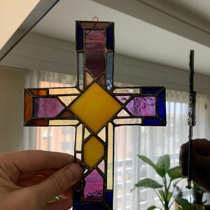 Handcrafted Stained Glass Cross Blue Illuminated Christian Art Unique ...
