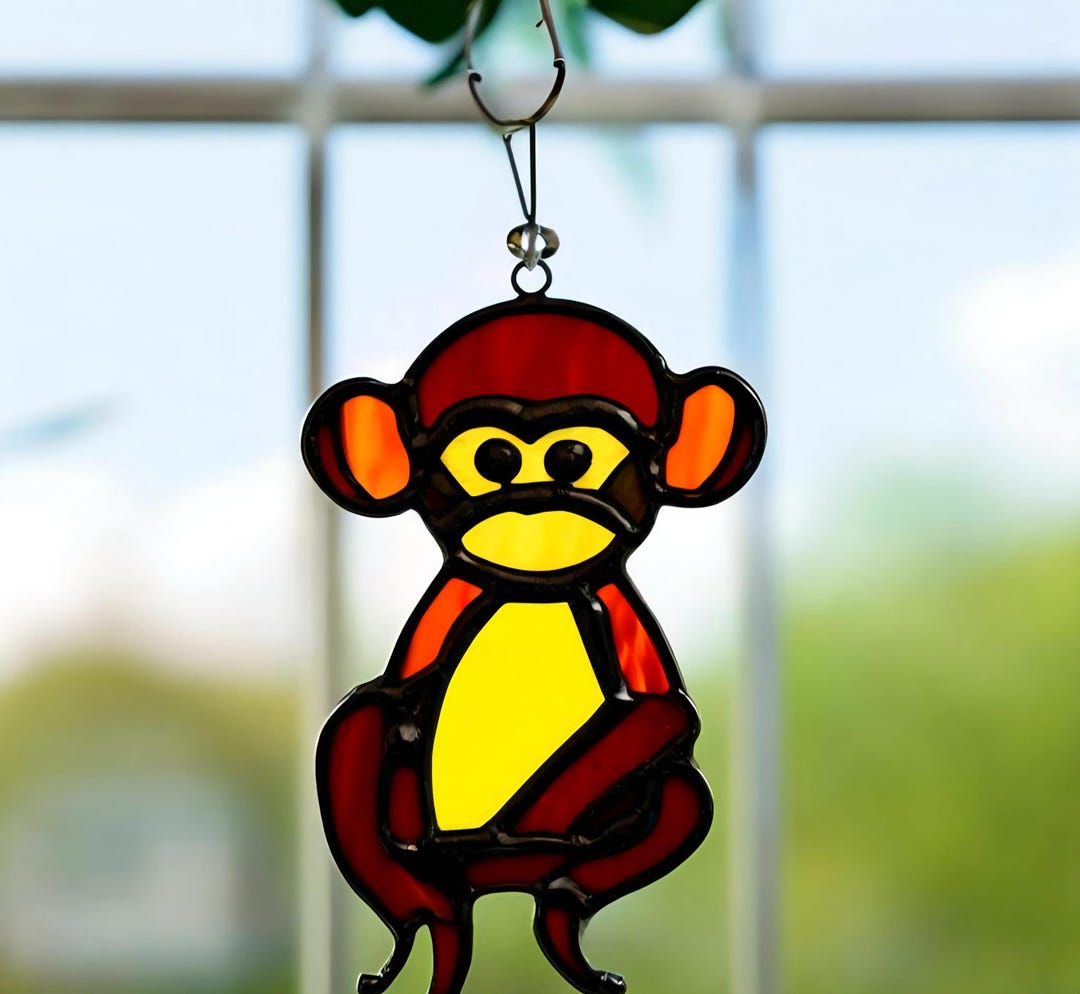 Stained Glass Monkey Suncatcher: Handcrafted Animal Window Decor - Etsy