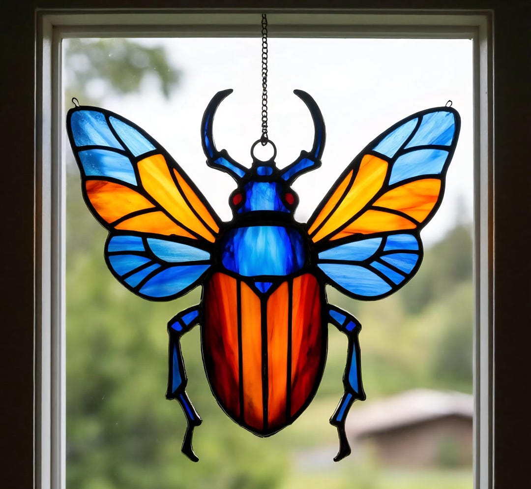 Stained Glass Stag Beetle Suncatcher – Gothic Insect Window Hanging ...