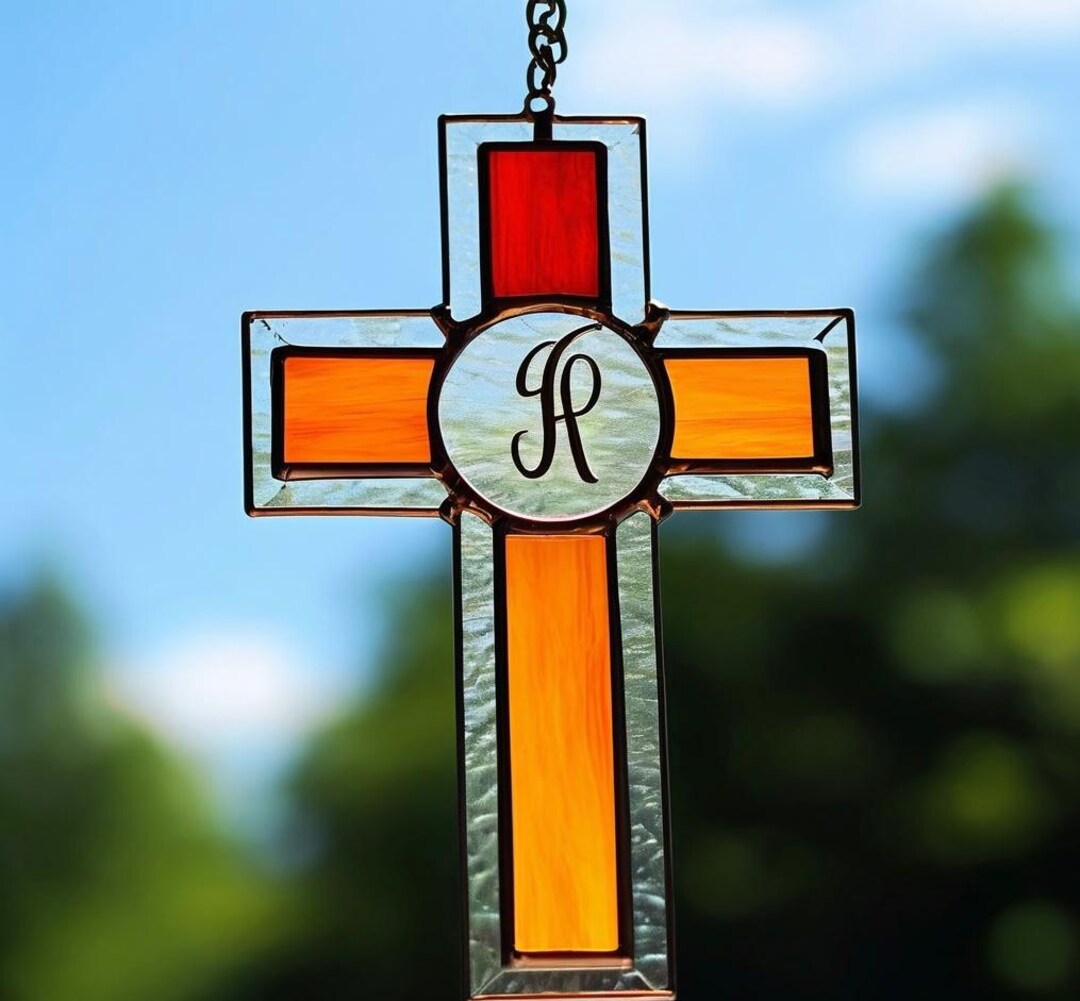 Custom Stained Glass Cross With Initials: Illuminated Christian Gift - Etsy