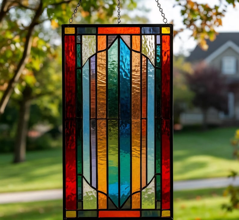 Stained Glass Striped Panel – Colorful Rectangle Window Hanging, Modern ...